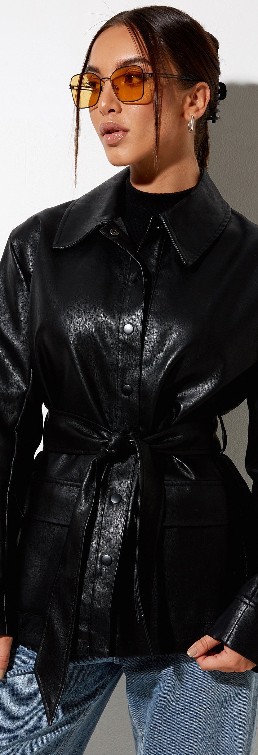 Black PU Jacket | Belted Jacket – motelrocks-com-us