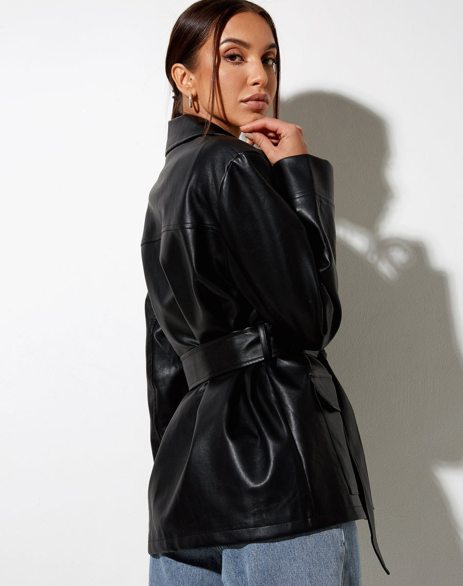 Black PU Jacket | Belted Jacket – motelrocks-com-us