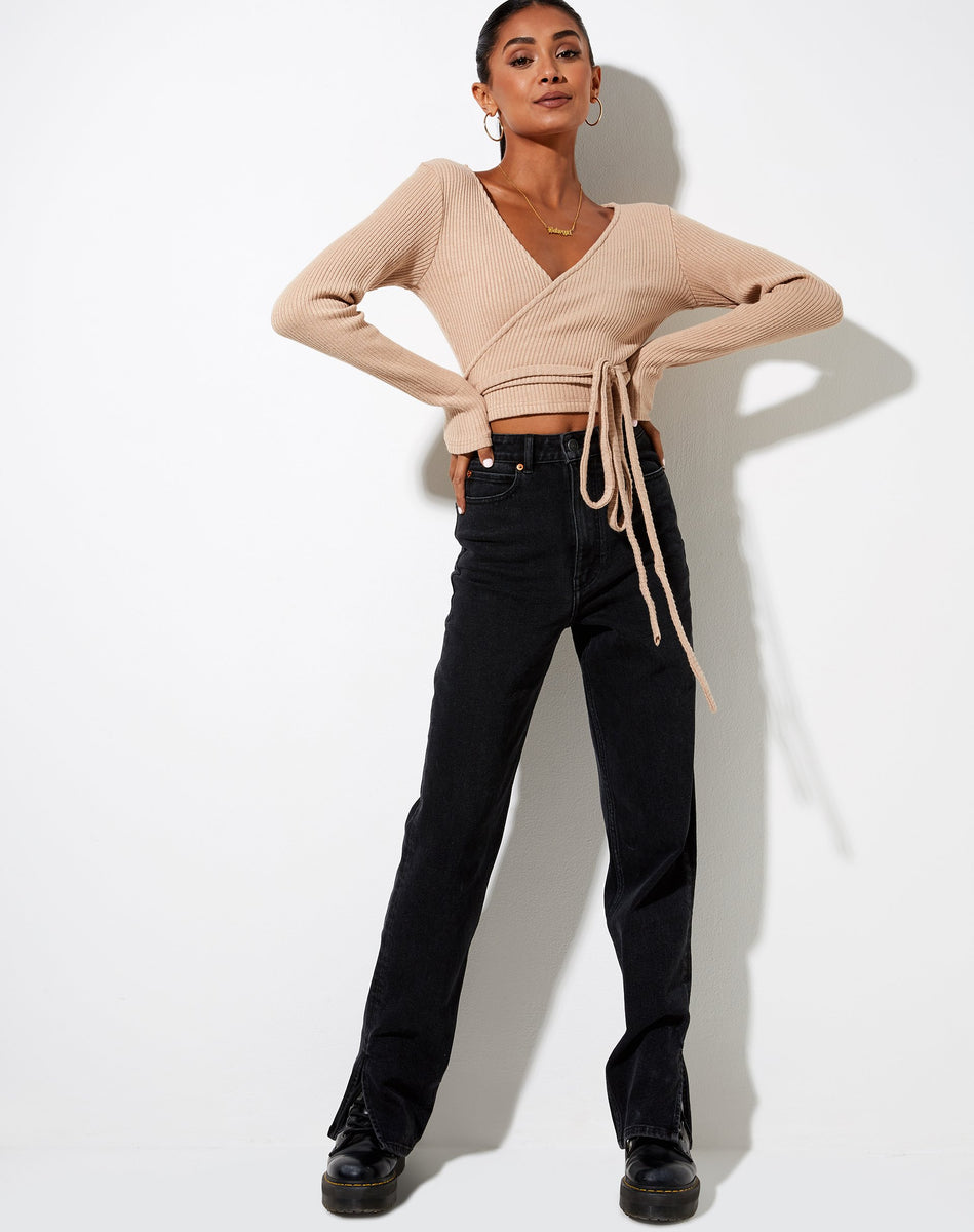 Long Sleeve Rib Tan Wrap Top | Bianca – motelrocks-com-us