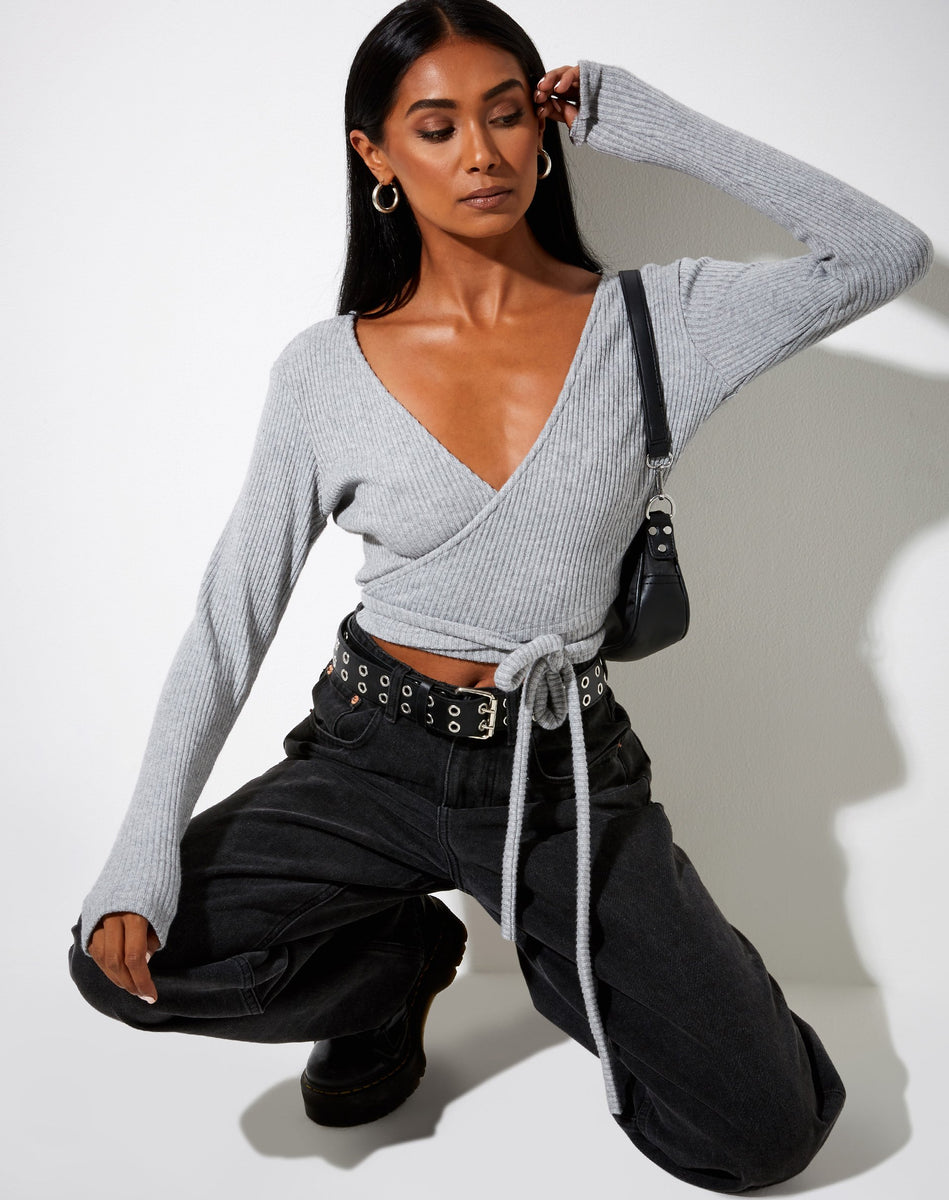 Grey Rib Wrap Around Top | Bianca – motelrocks-com-us