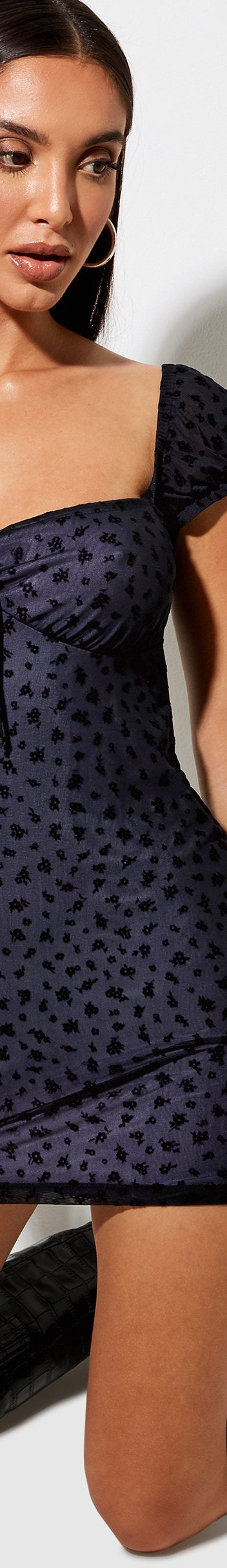 Floral Mesh Overlay Short Sleeve Gathered Bust Mini Dress | Bigail ...