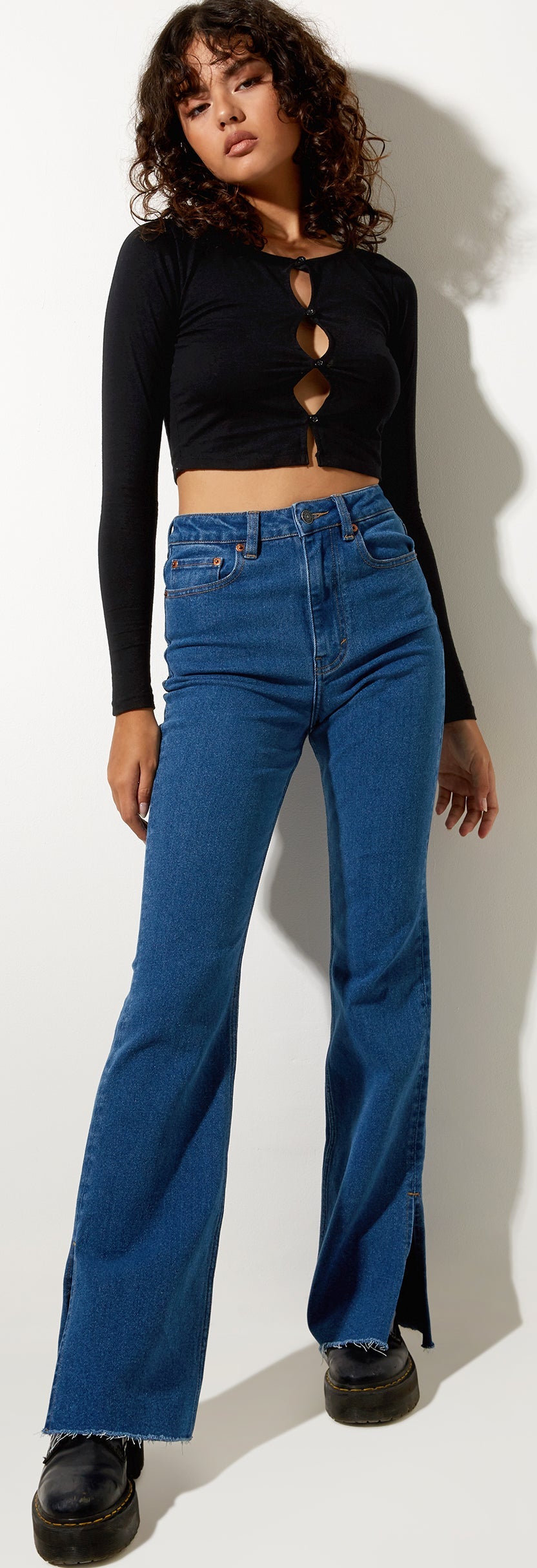 High Waisted Mid Wash Blue Denim Flared Jeans | Split Bootleg ...