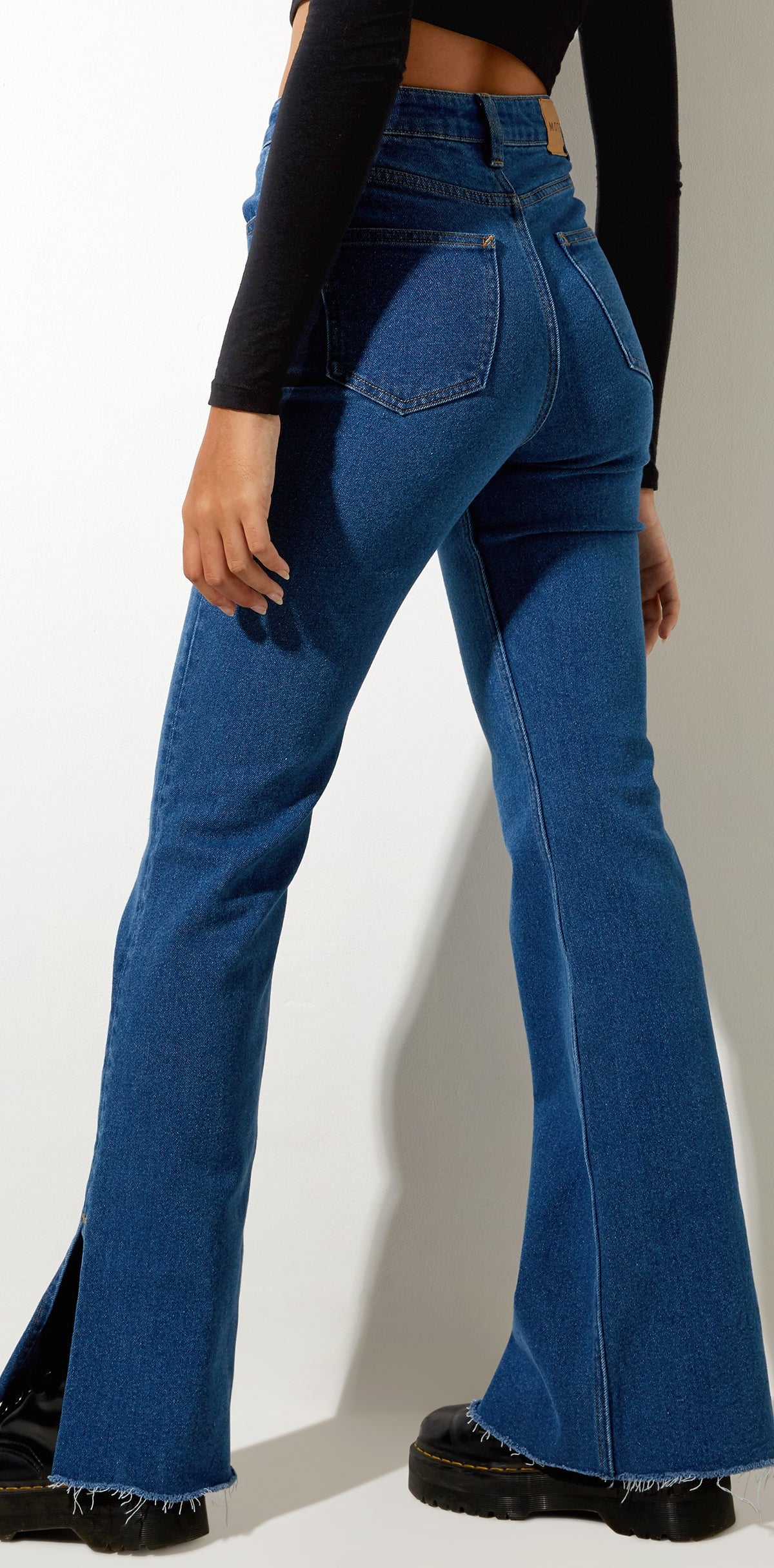 High Waisted Mid Wash Blue Denim Flared Jeans | Split Bootleg ...