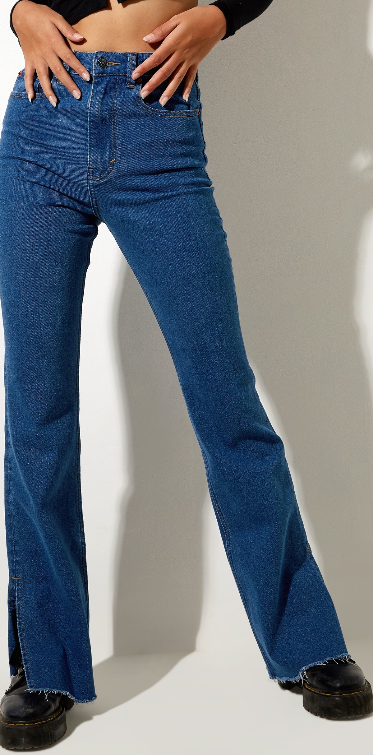 High Waisted Mid Wash Blue Denim Flared Jeans | Split Bootleg ...