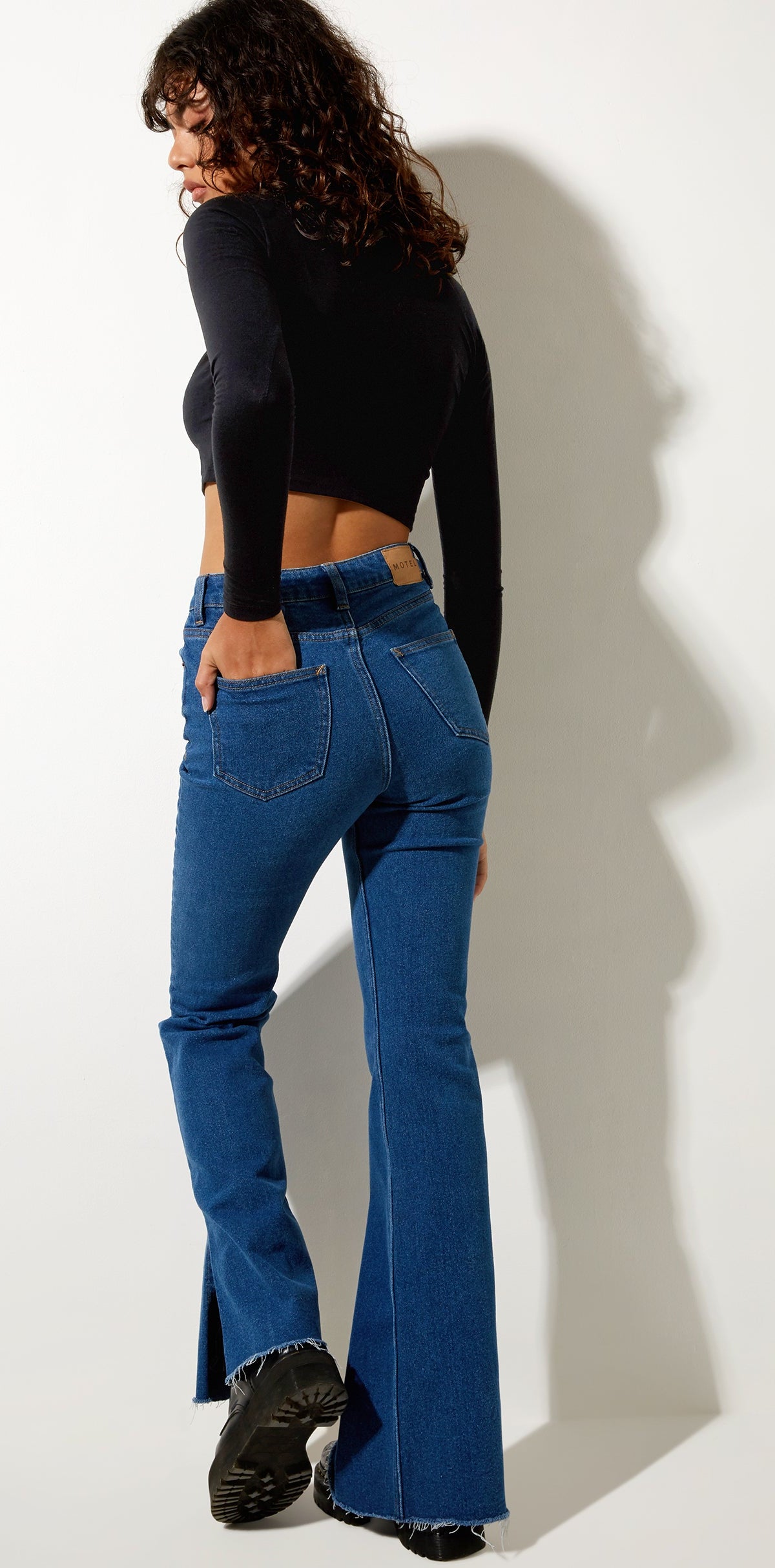 High Waisted Mid Wash Blue Denim Flared Jeans | Split Bootleg ...
