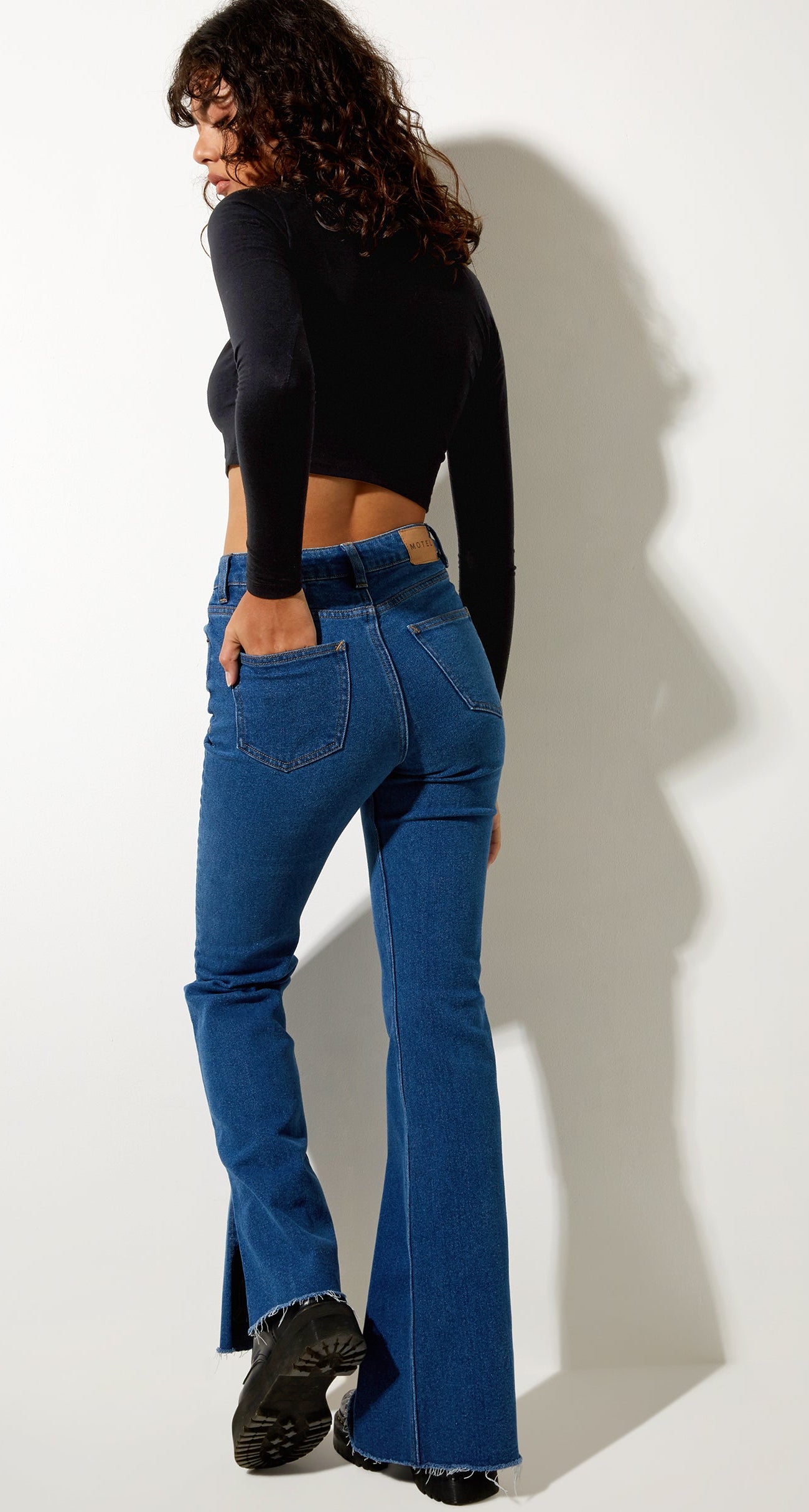 High Waisted Mid Wash Blue Denim Flared Jeans | Split Bootleg ...