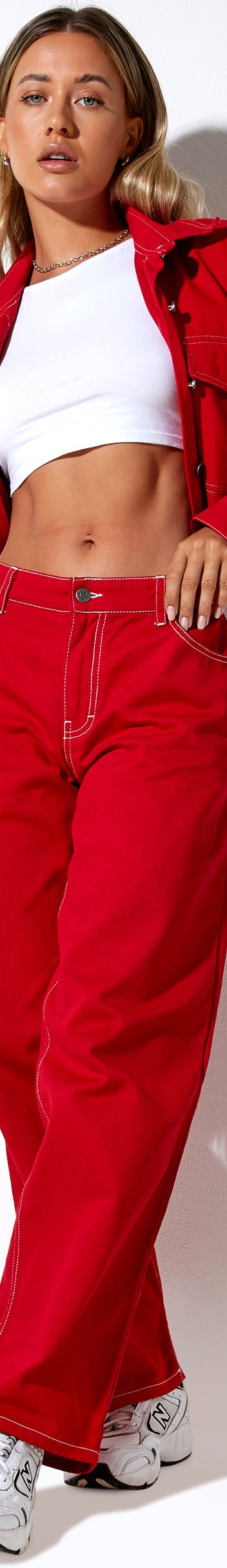Red and White Stitching Button Up Denim Jacket | Boxy – motelrocks-com-us
