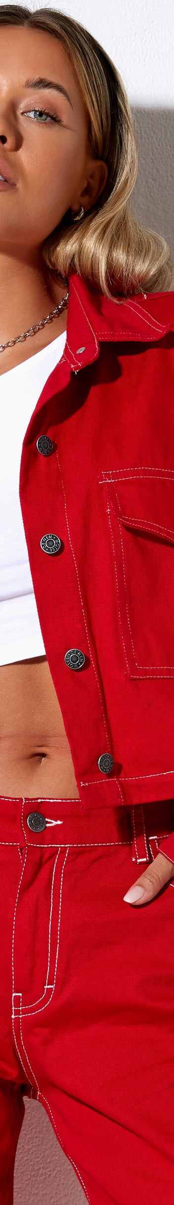Red and White Stitching Button Up Denim Jacket | Boxy – motelrocks-com-us