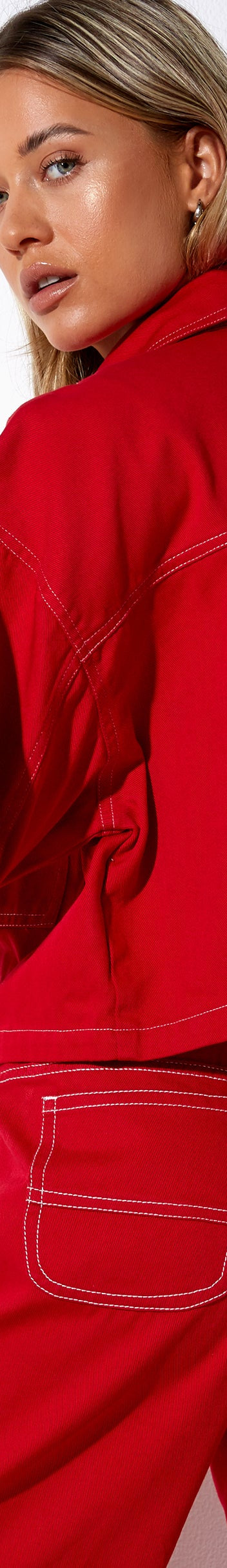 Red and White Stitching Button Up Denim Jacket | Boxy – motelrocks-com-us
