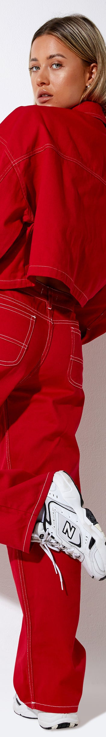 Red and White Stitching Button Up Denim Jacket | Boxy – motelrocks-com-us