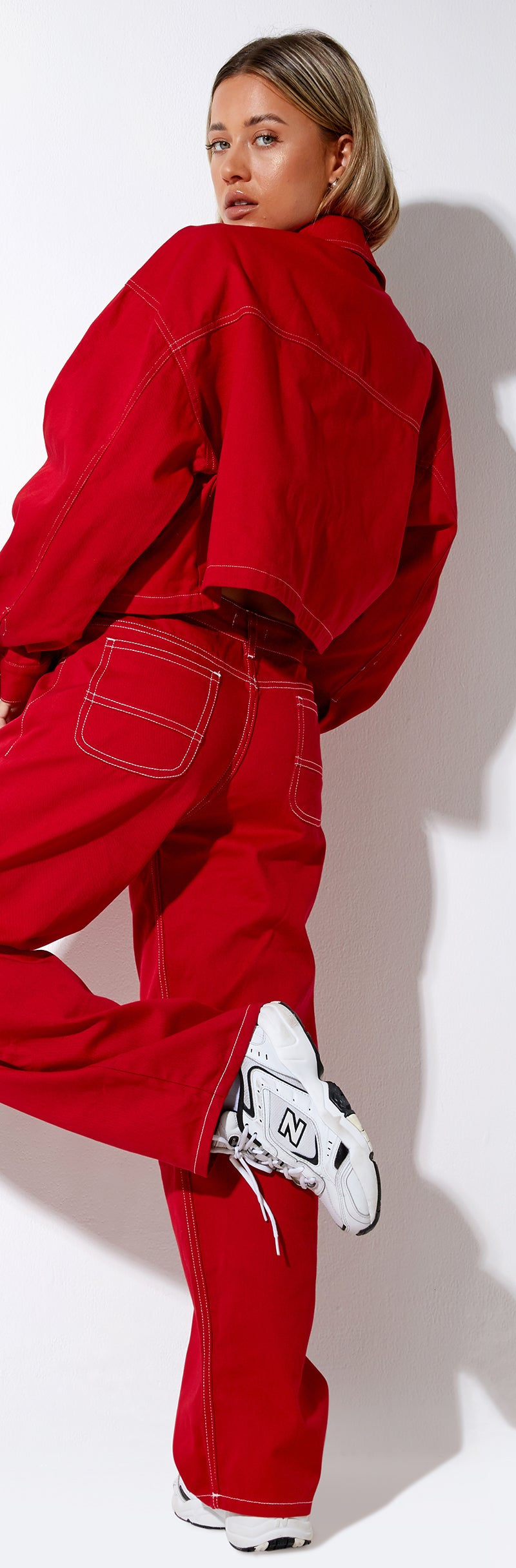 Red and White Stitching Button Up Denim Jacket | Boxy – motelrocks-com-us