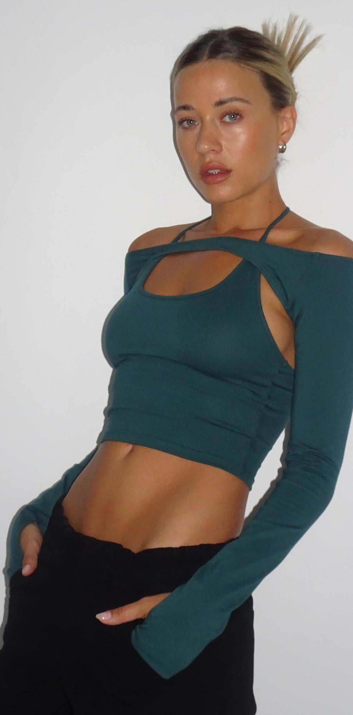 Bottle Green Long Sleeve Halterneck Crop Top | Brandy – motelrocks-com-us