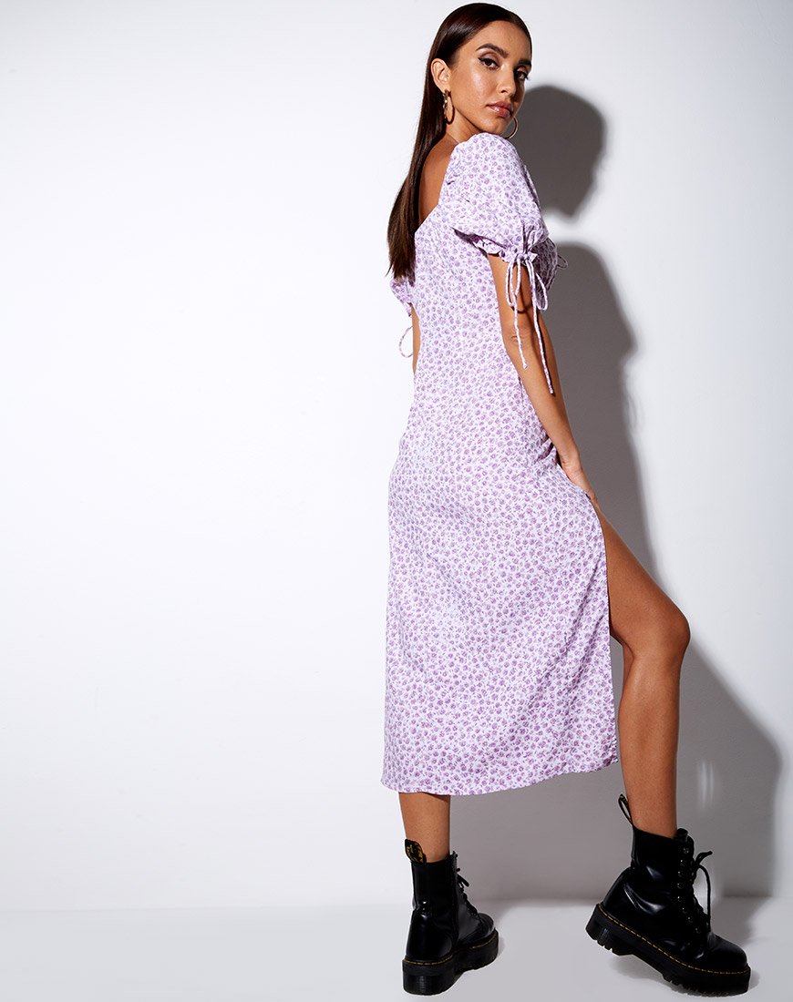 Short Sleeve White and Purple Floral Midi Dress | Cello – motelrocks-com-us