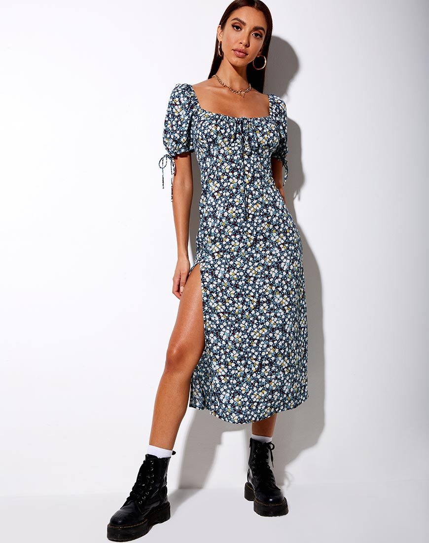 Short Sleeve Blue and White Floral Midi Dress | Cello – motelrocks-com-us