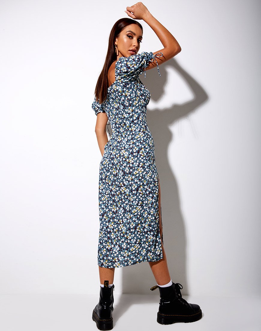 Short Sleeve Blue and White Floral Midi Dress | Cello – motelrocks-com-us