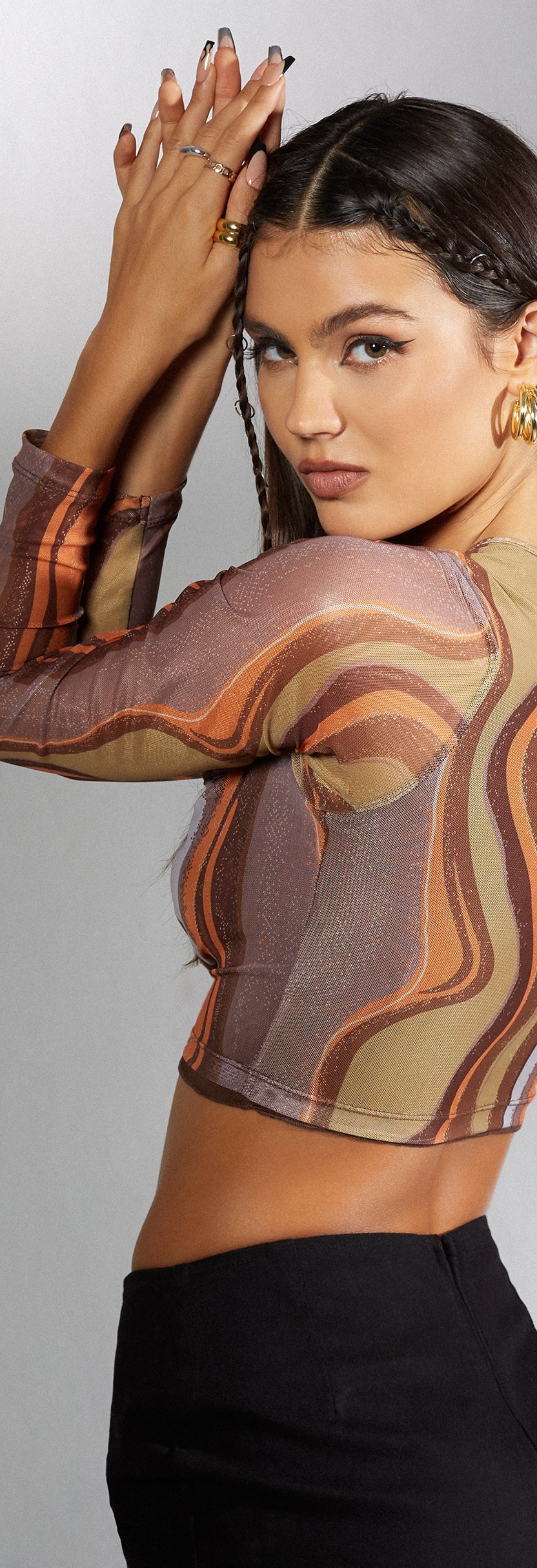 Multicoloured Printed Long Sleeve Crop Top | Cora – motelrocks-com-us