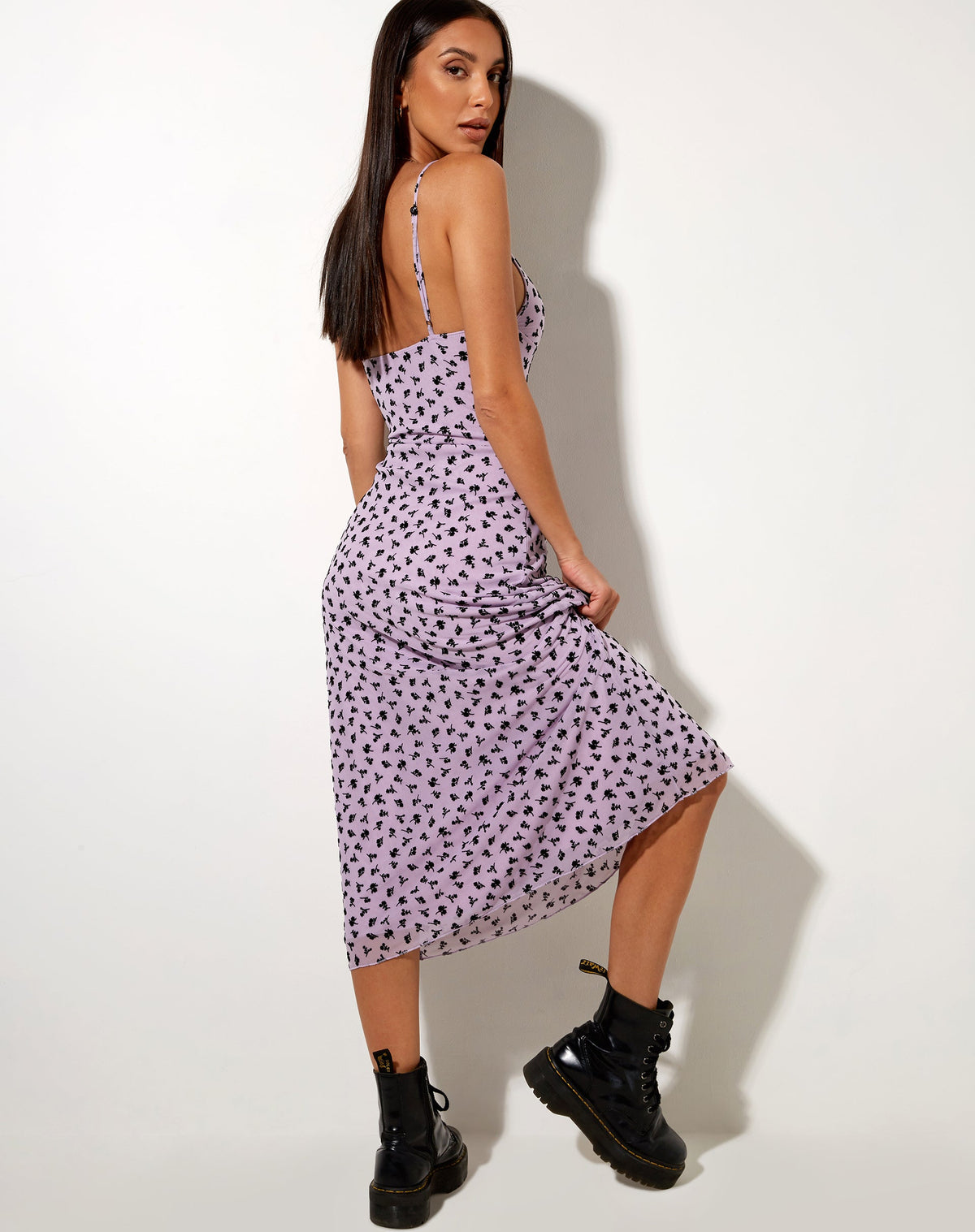 Lilac and Black V-Neckline Floral Midi Dress | Cotina – motelrocks-com-us