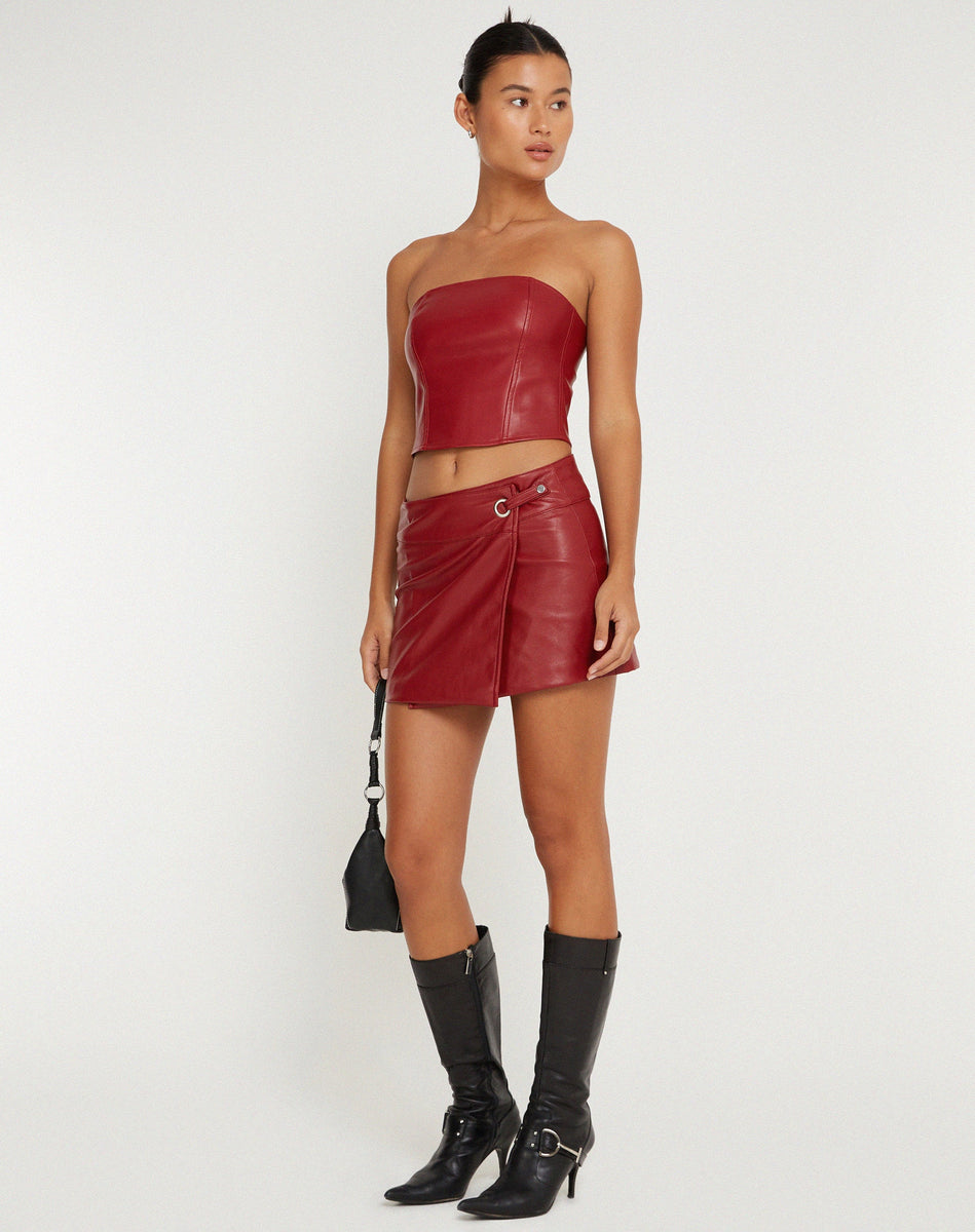 PU Red Low Rise Stitch Detailing Buckle Design Mini Skirt | Rolo ...