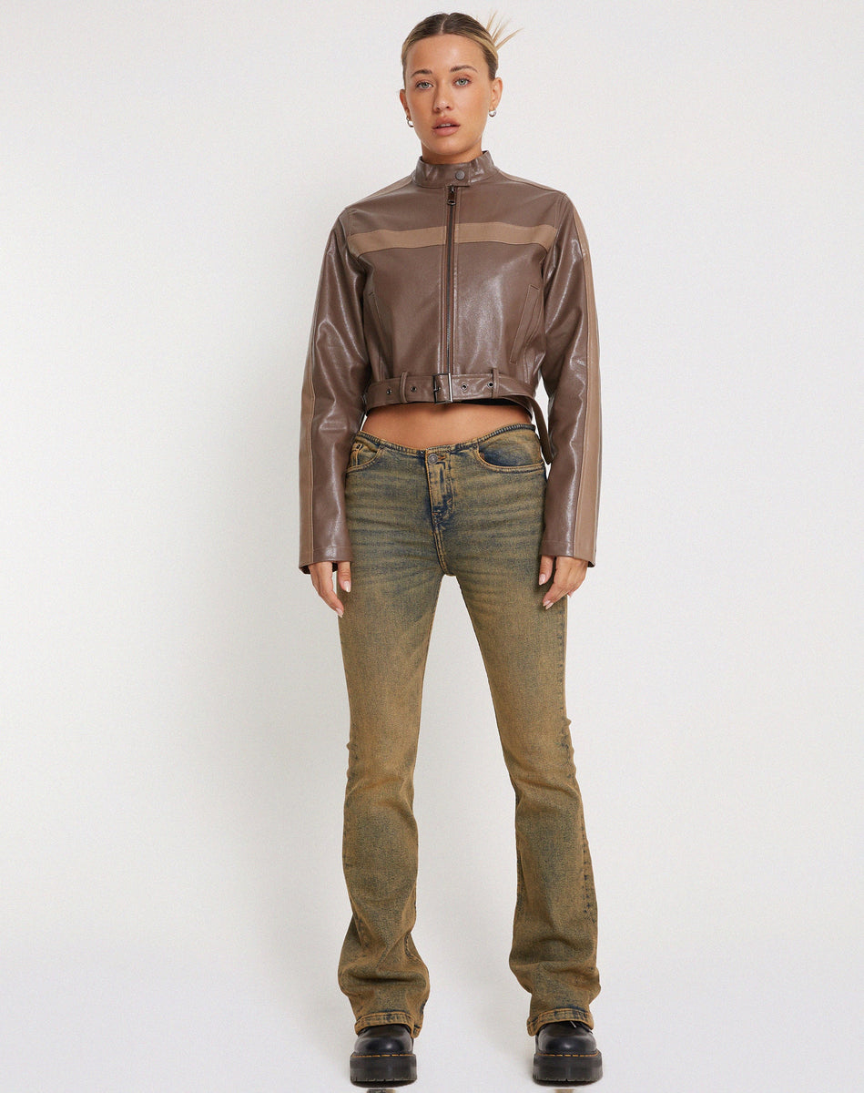 PU Tonal Brown Zip Up Jacket | Derby – motelrocks-com-us