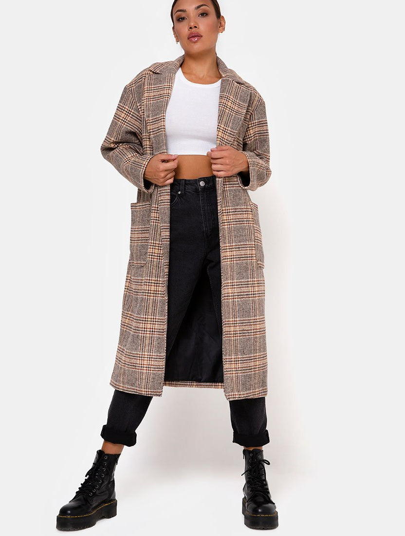 Long Sleeve Brown Check Duster Coat | Duster – motelrocks-com-us