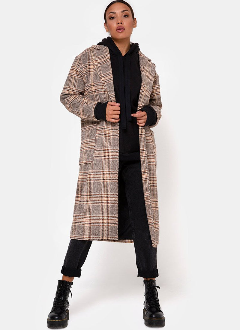 Long Sleeve Brown Check Duster Coat | Duster – motelrocks-com-us