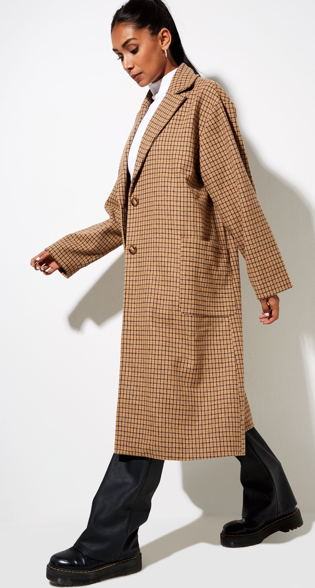 Brown Check Longline Coat | Duster – motelrocks-com-us