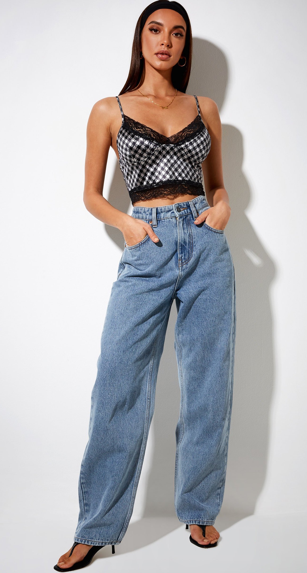 Black and White Dogtooth Strappy Crop Top | Dyrana – motelrocks-com-us