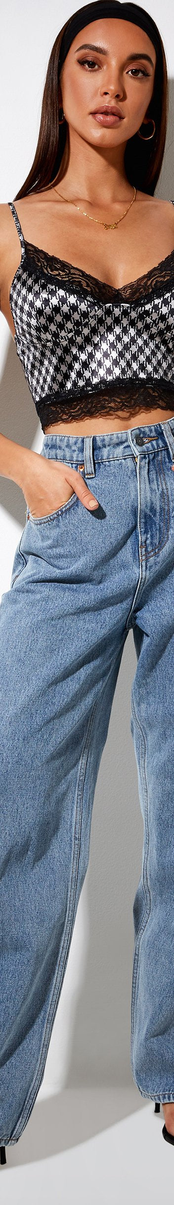 Black and White Dogtooth Strappy Crop Top | Dyrana – motelrocks-com-us