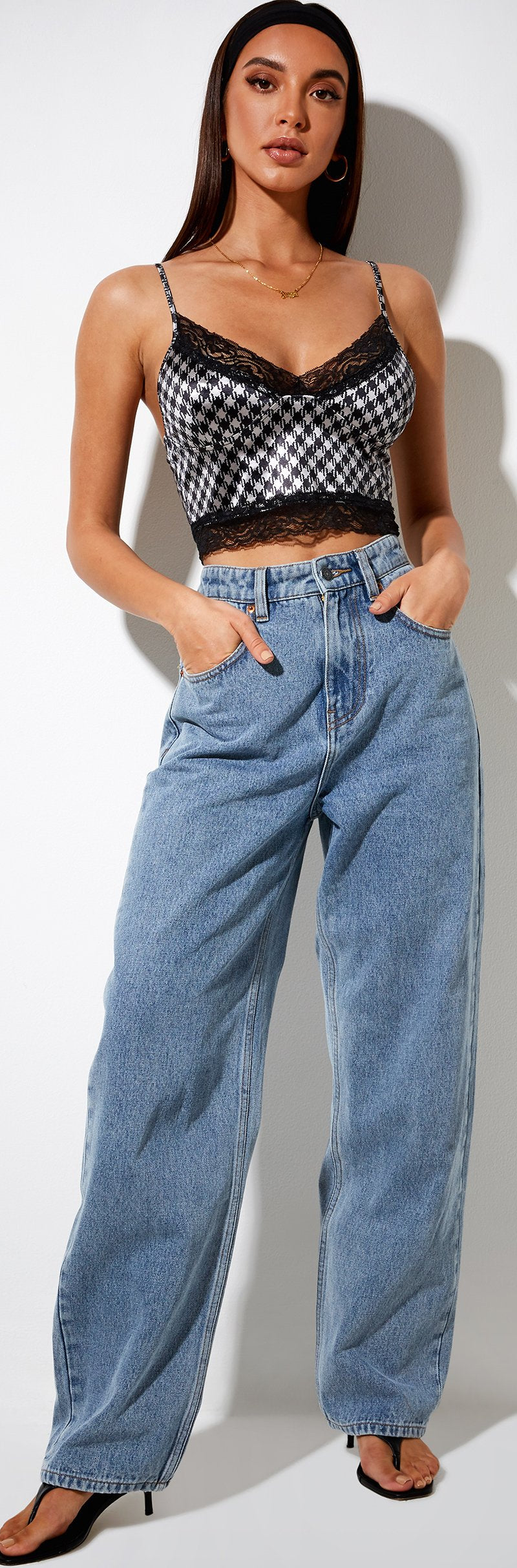 Black and White Dogtooth Strappy Crop Top | Dyrana – motelrocks-com-us