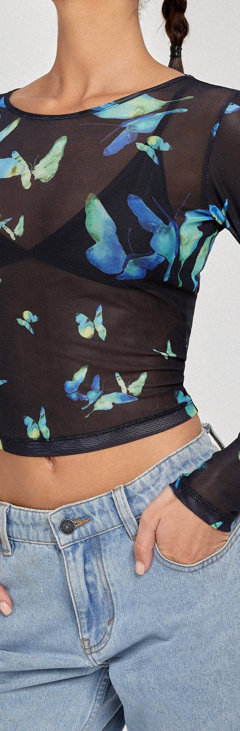 Long Sleeve Black and Blue Butterfly Mesh Crop Top | Elijah ...