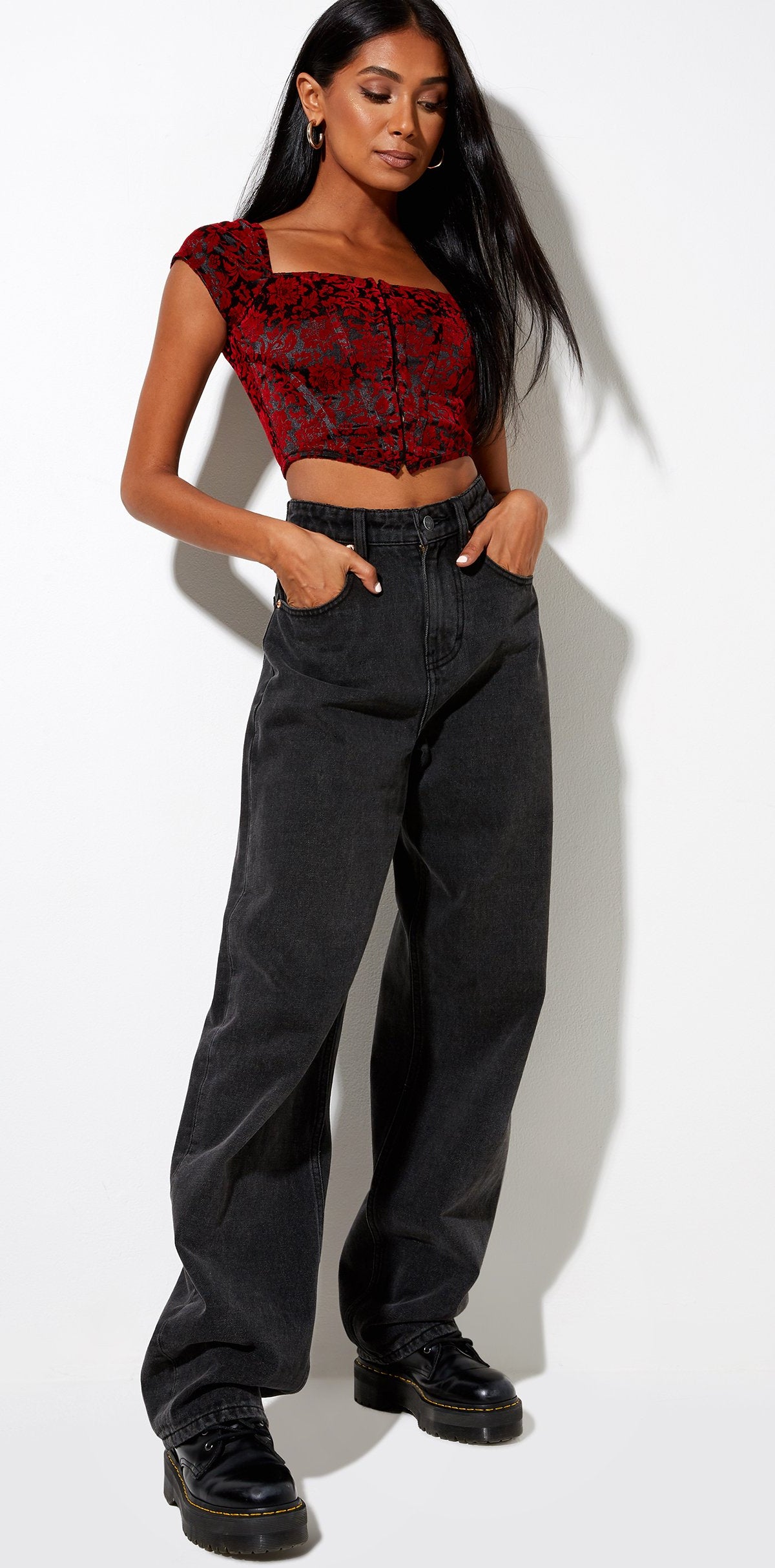 Black and Red Floral Print Crop Top | Elis – motelrocks-com-us