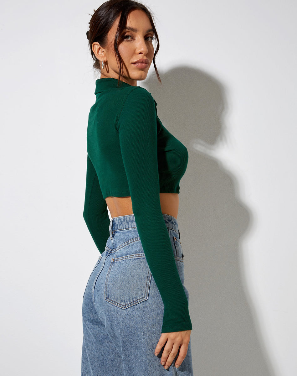 Long Sleeve Green Crop Top with Gold Cupid Embroidery | Elody ...