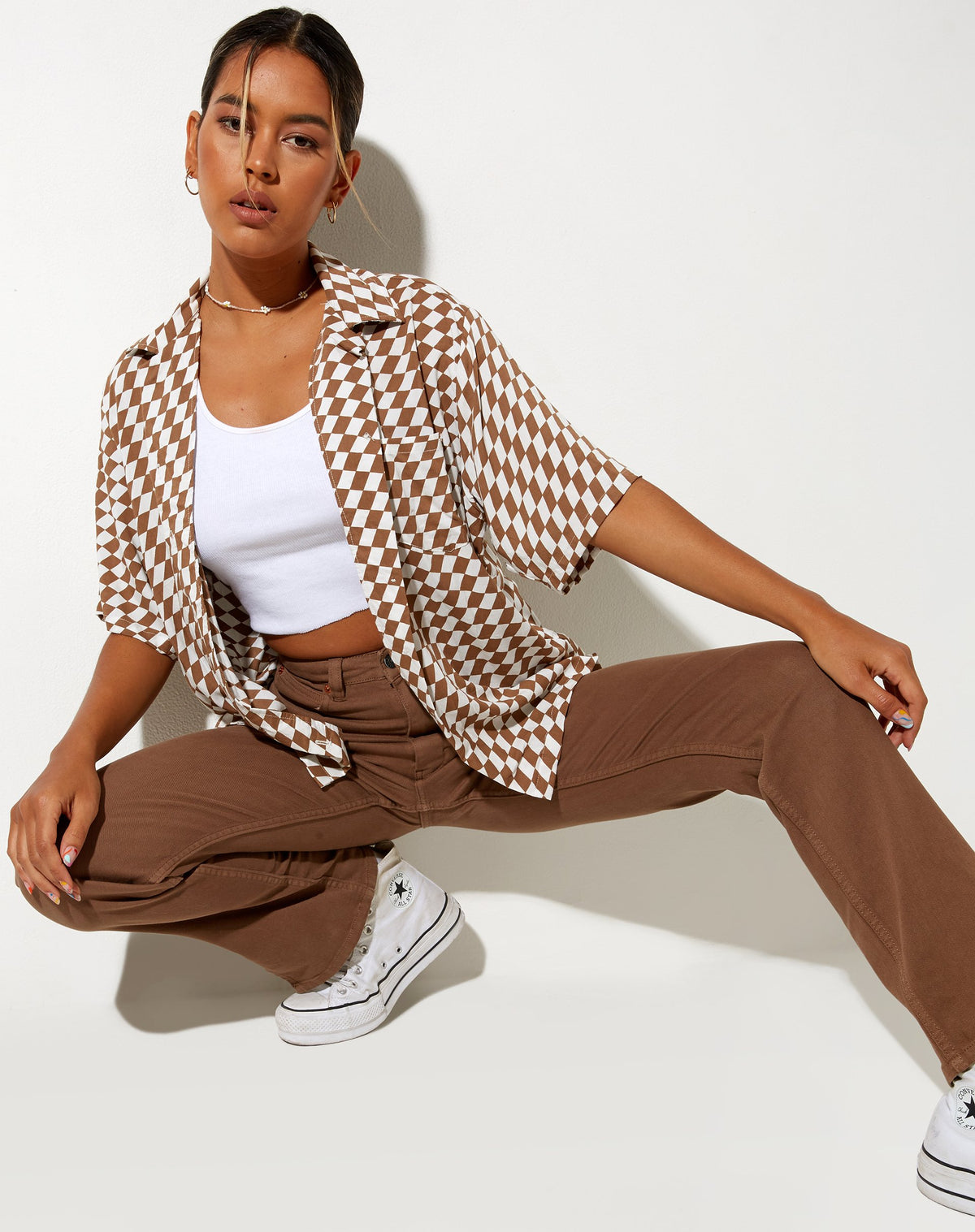 Tan and White Diagonal Check Short Sleeve Shirt | Hawaiian – motelrocks ...