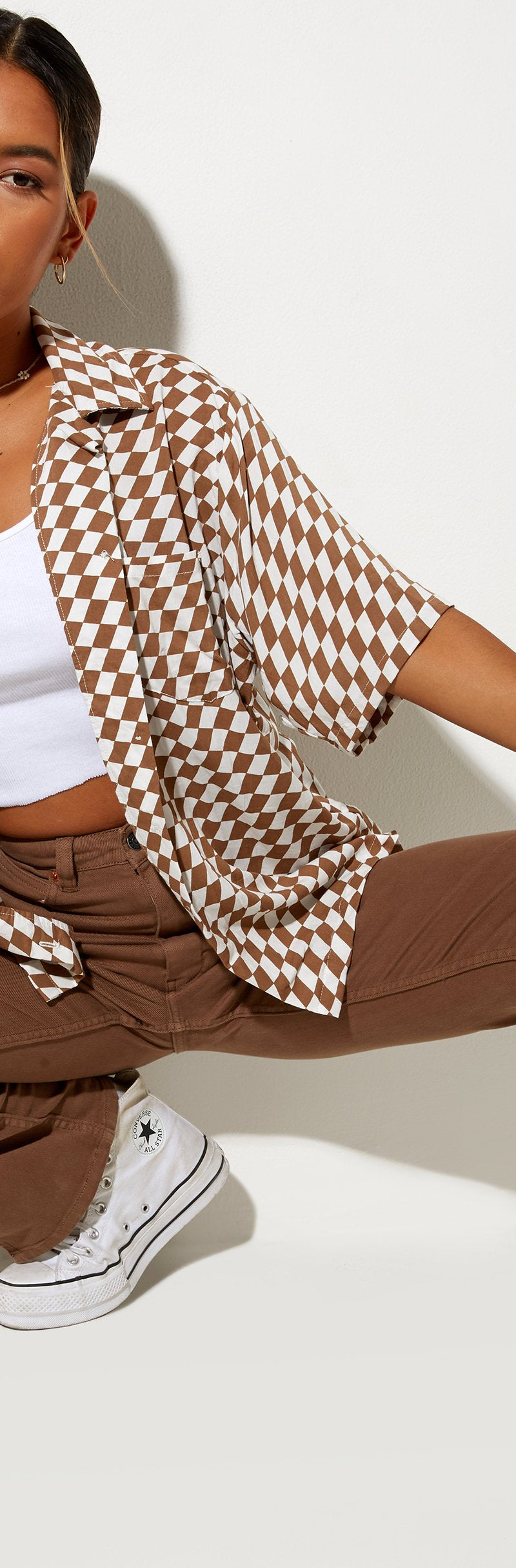 Tan and White Diagonal Check Short Sleeve Shirt | Hawaiian – motelrocks ...