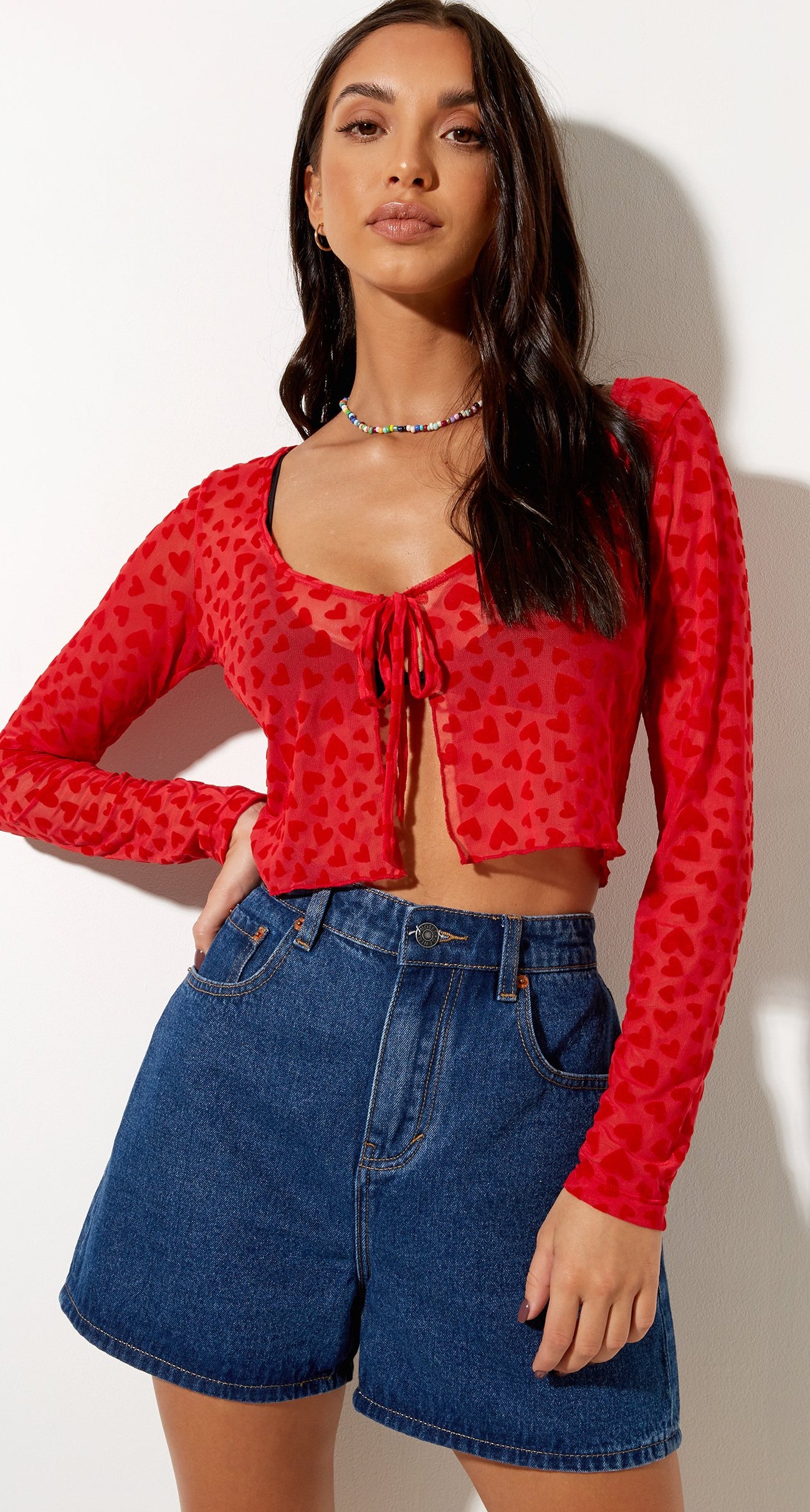 Red Heart Mesh Long Sleeve Open Tie-Up Cardigan | Henry – motelrocks-com-us