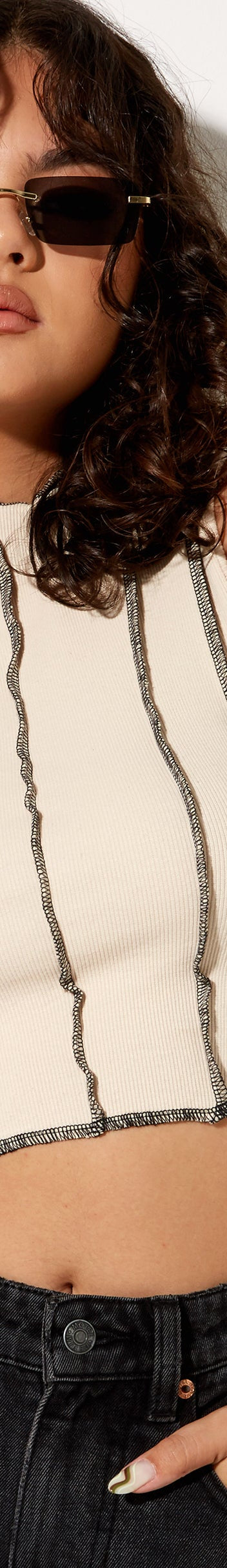 Beige High Neck Crop Top with Black Stitching | Ivy – motelrocks-com-us