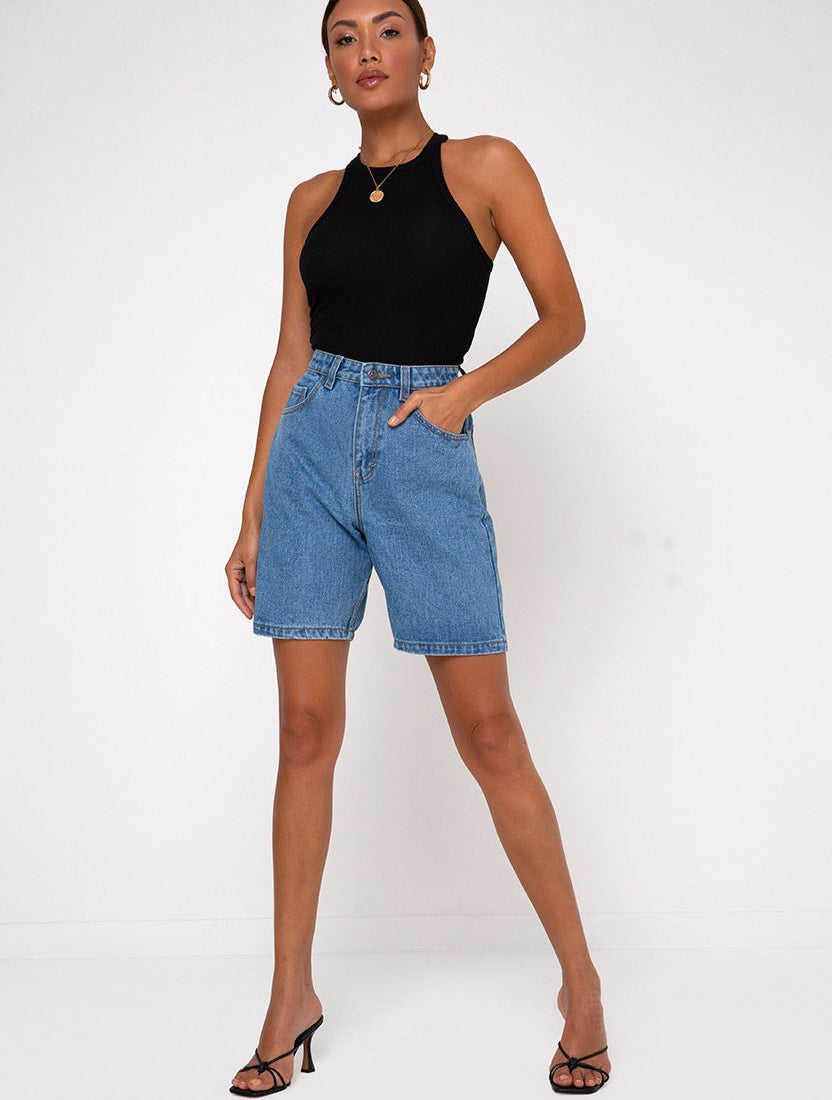 High Waist Blue Denim Wash Short | Dad Shorts – motelrocks-com-us
