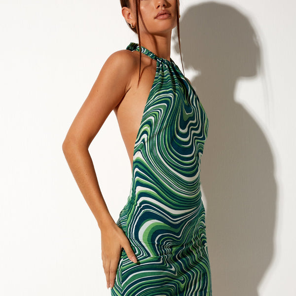 Halter Neck Green and White Ripple Mini Dress | Jessica – motelrocks-com-us