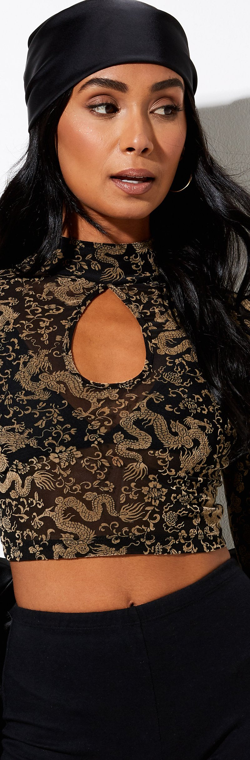 Long Sleeve Black and Tan Dragon Print crop Top | Jilsa – motelrocks-com-us