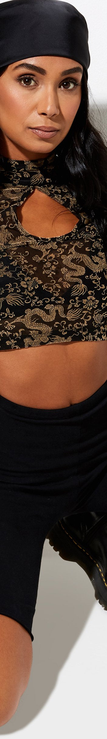 Long Sleeve Black and Tan Dragon Print crop Top | Jilsa – motelrocks-com-us