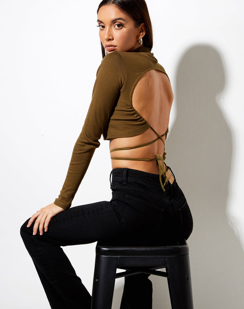 Olive Long Sleeve High Neck Crop Top | Jorja – motelrocks-com-us