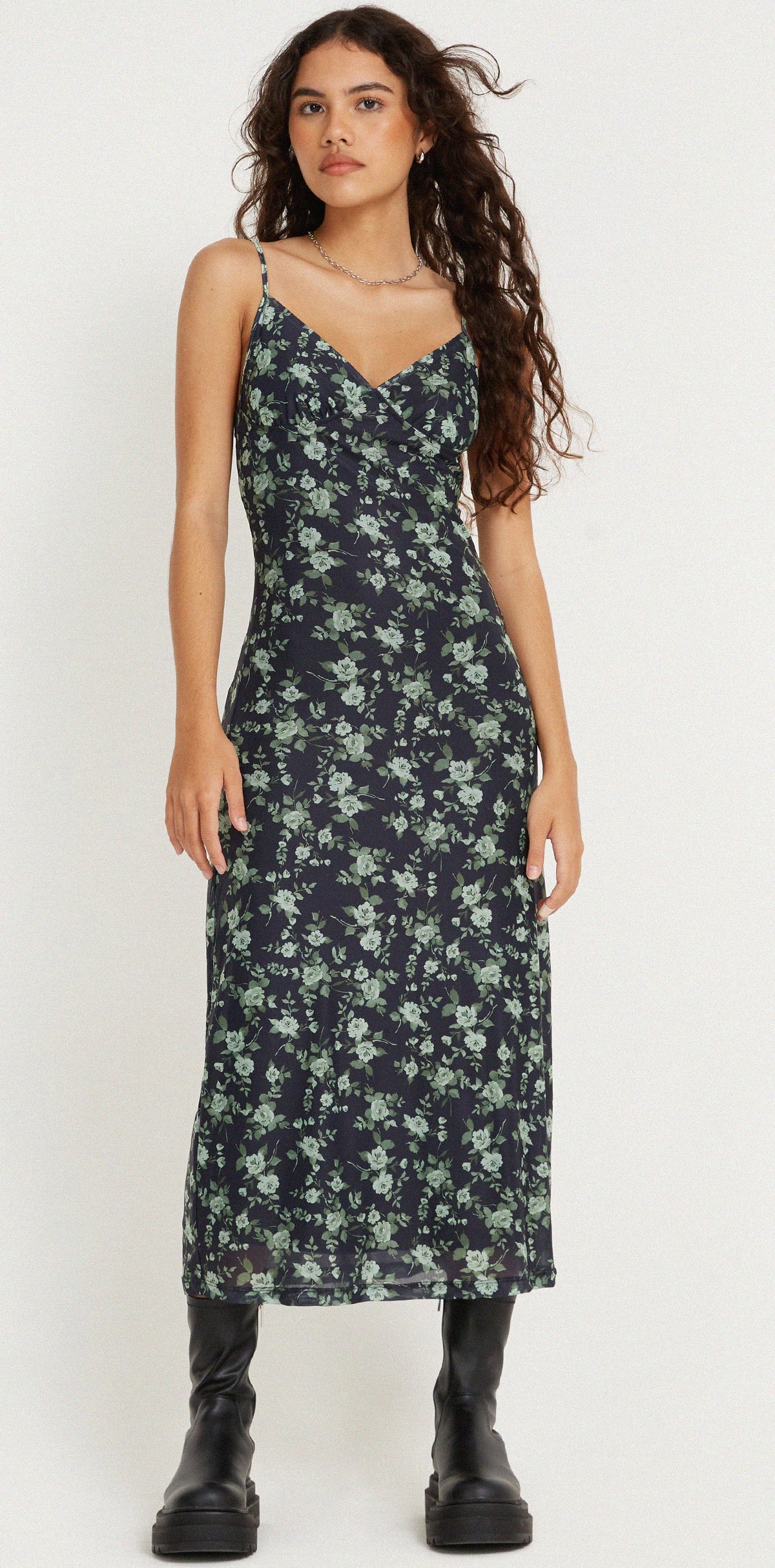 Green Floral Print Strappy Midi Dress | Kalana – motelrocks-com-us
