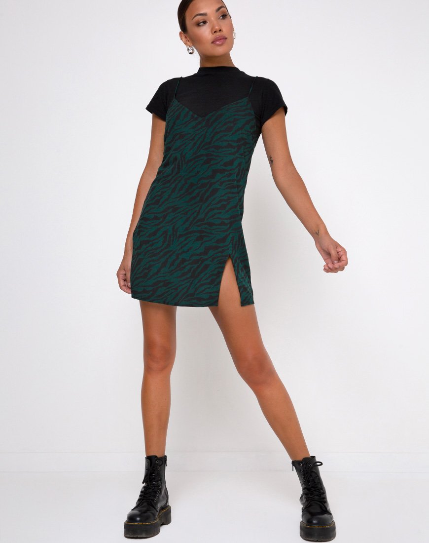 Green and Black Zebra Print V Neckline Side Split Mini Dress | Katya ...