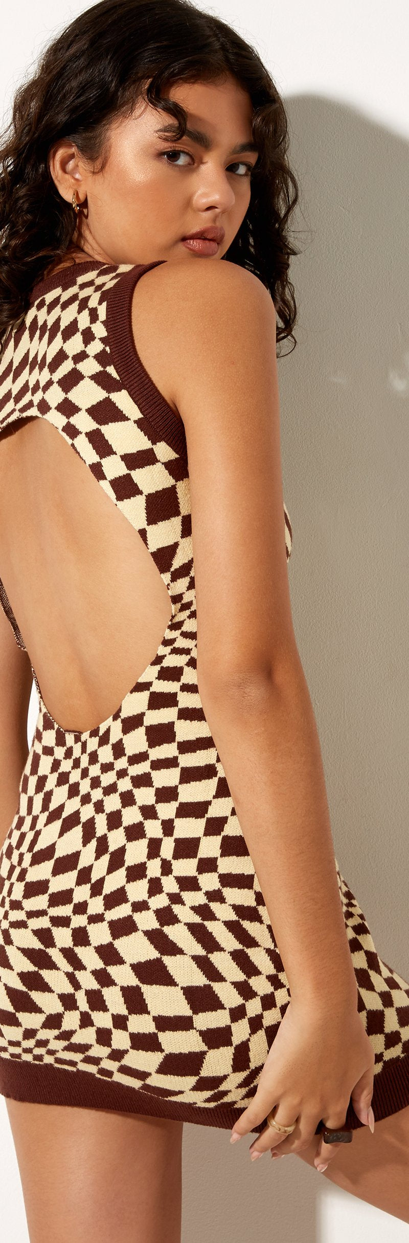 Brown Check Print Knitted Sleeveless Mini Dress | Kimta – motelrocks-com-us