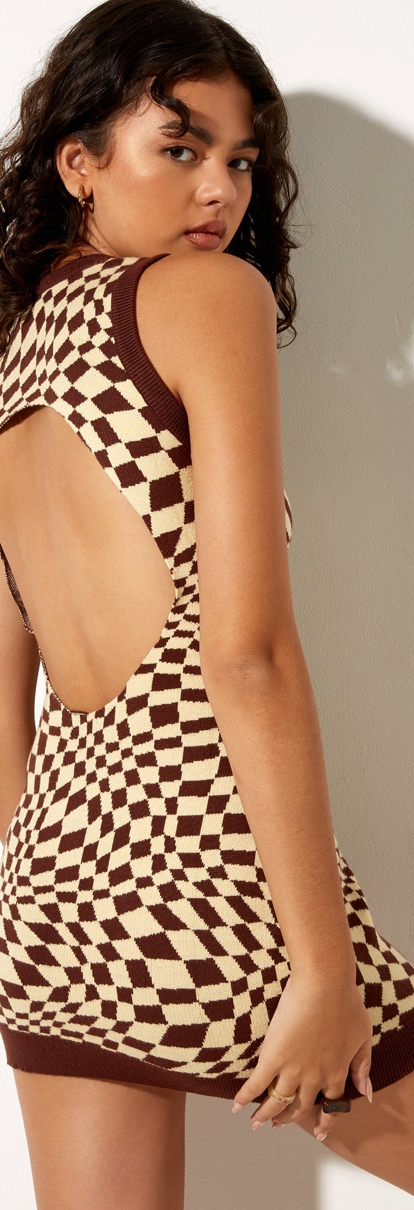 Brown Check Print Knitted Sleeveless Mini Dress | Kimta – motelrocks-com-us