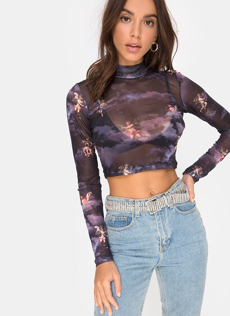 High Neck Sheer Purple Angel Crop Top | Lara – motelrocks-com-us