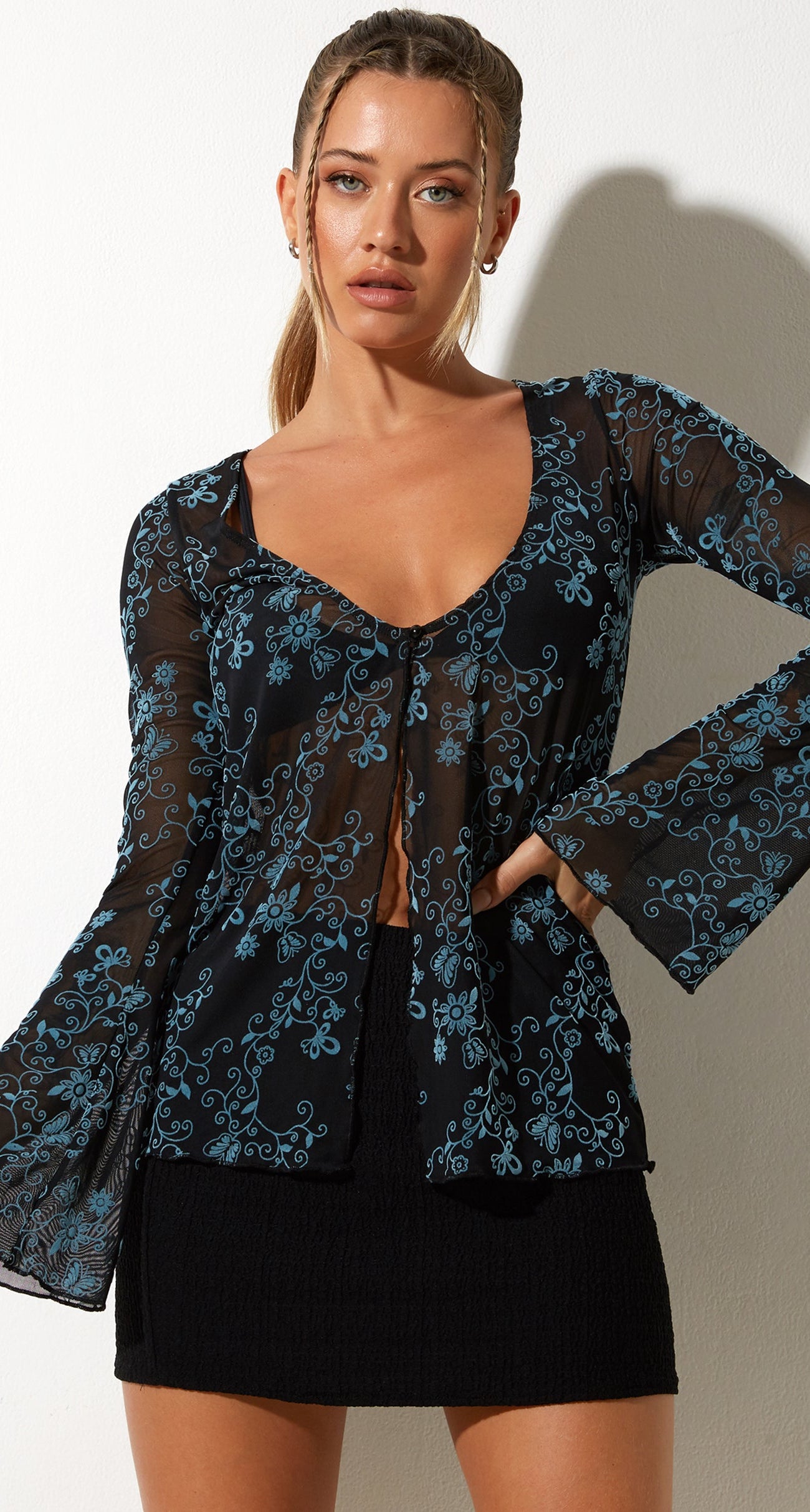 Blue and Black Butterfly Print Cardi | Leon – motelrocks-com-us