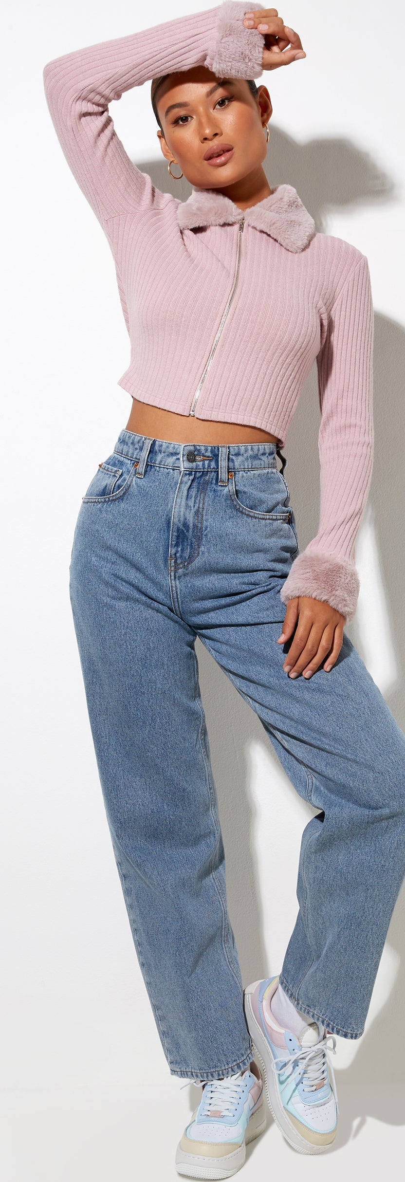 Rib Pink Long Sleeve Fluffy Collar Cropped Cardigan | Loria ...