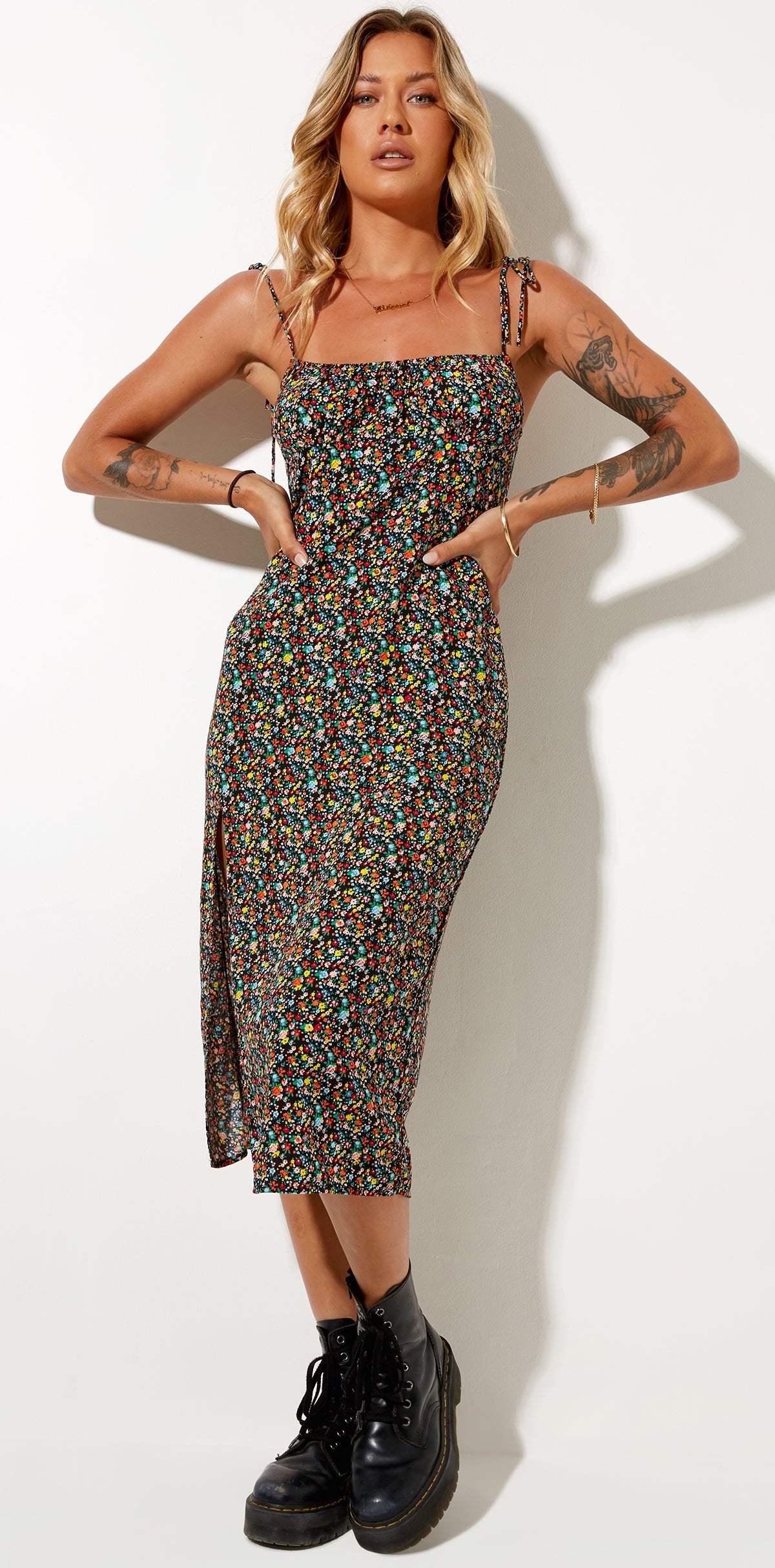 Strappy Multi coloured Floral Midi Dress | Lotie – motelrocks-com-us