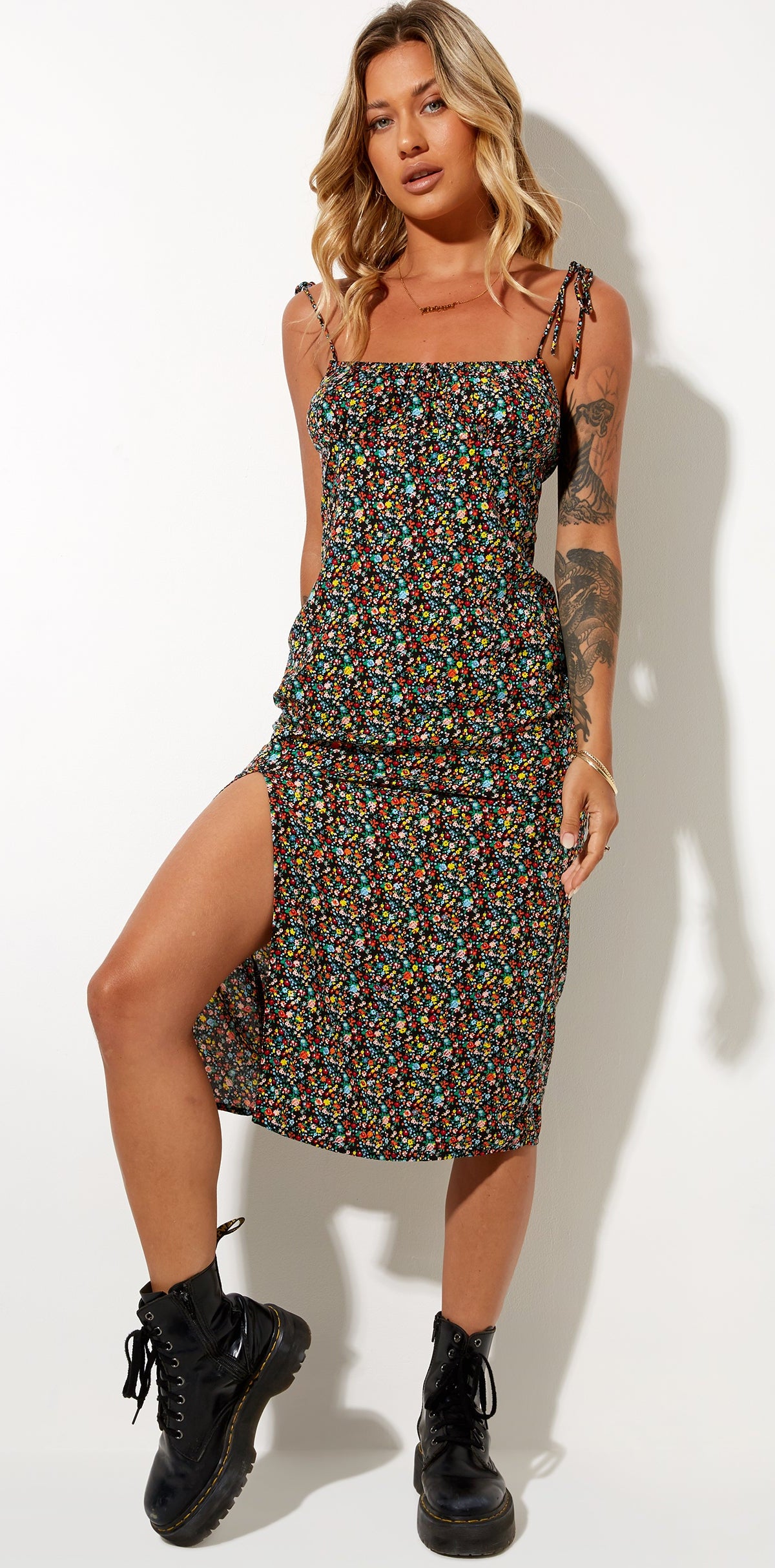 Strappy Multi coloured Floral Midi Dress | Lotie – motelrocks-com-us